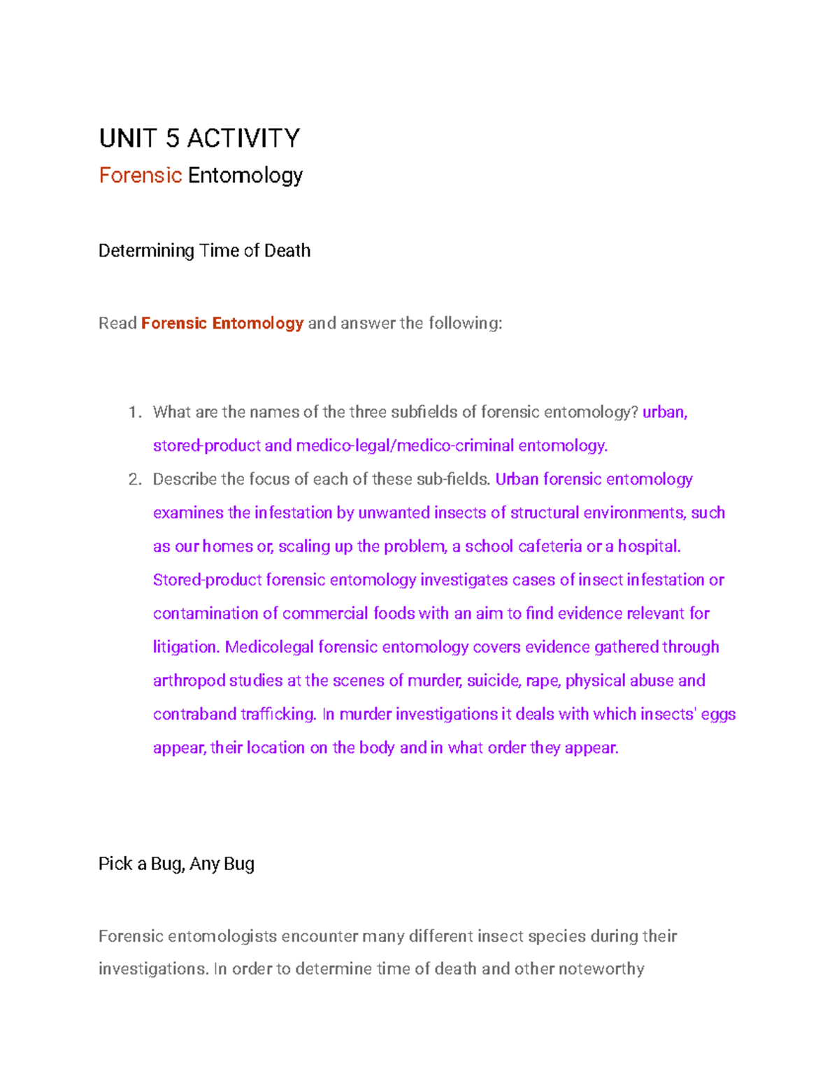 Forensic Entomology: UNIT 5 Activity on Time of Death Determination ...