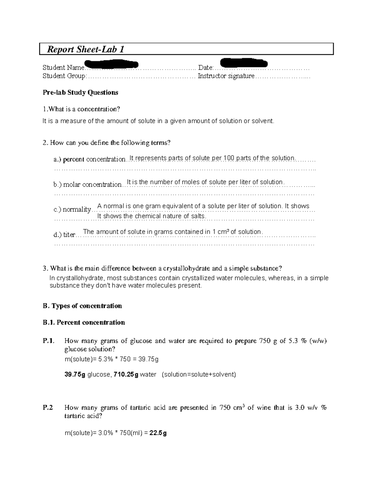 Concentration Report Sheet: Study Questions & Solutions for CHEM 101 ...