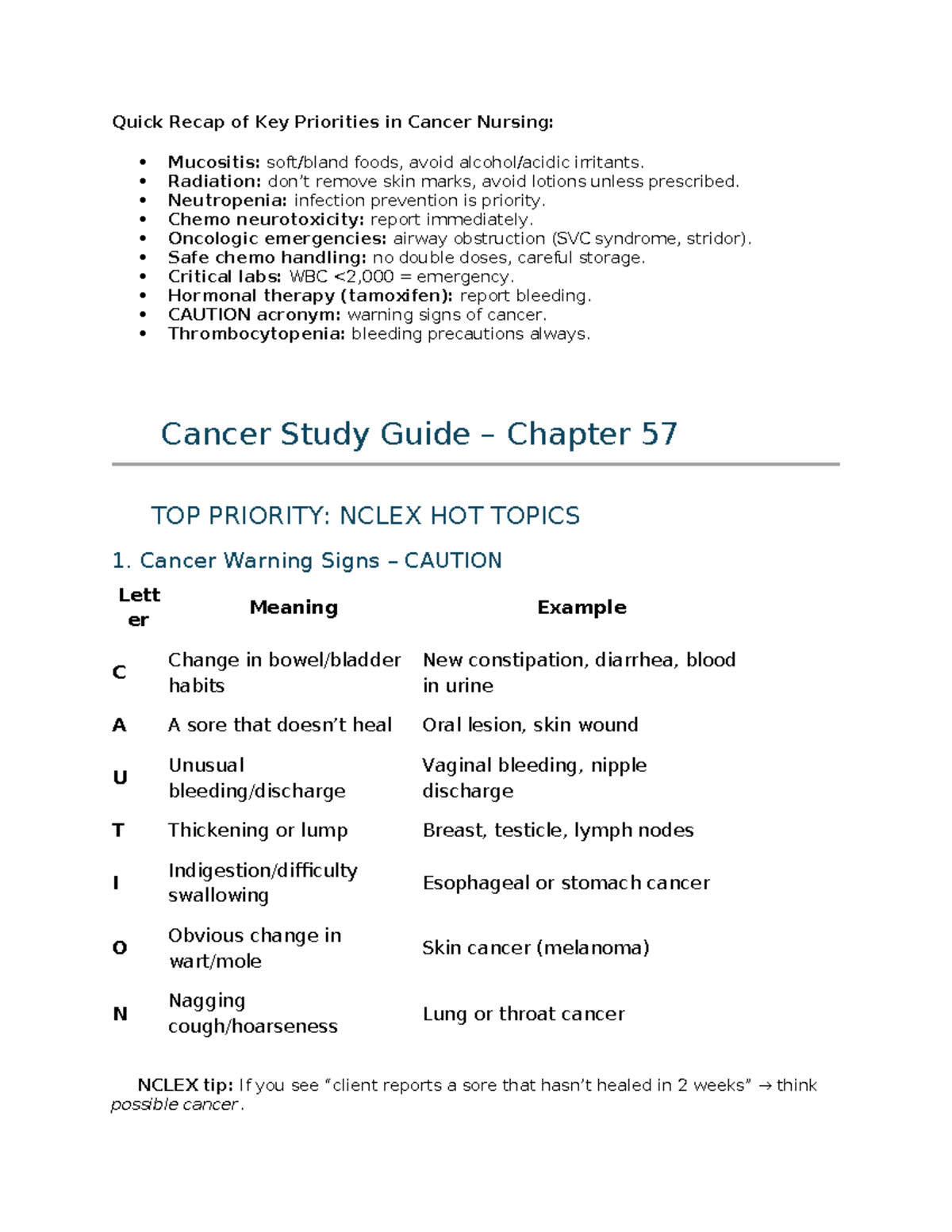 Cancer Study Guide Chapter 57: Key Priorities for NCLEX Success - Studocu