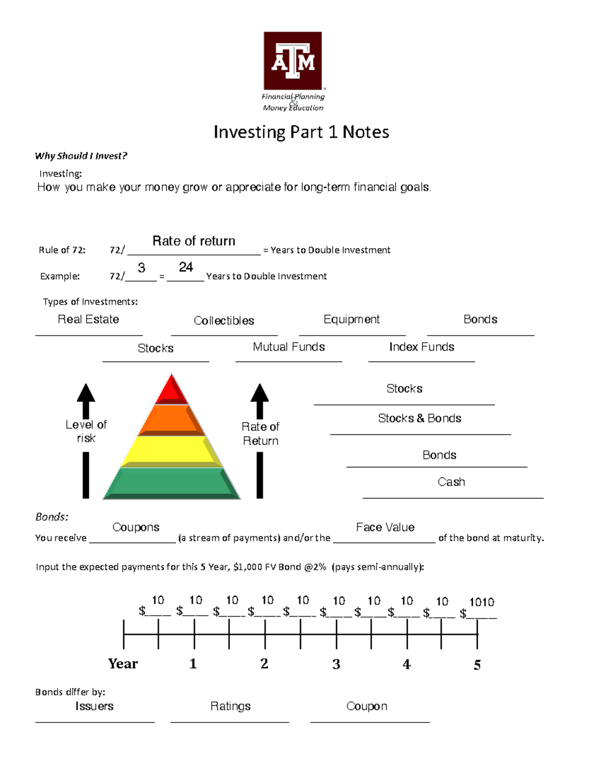 Investments Notes - _________________ Why Should I Invest? Bonds: You ...