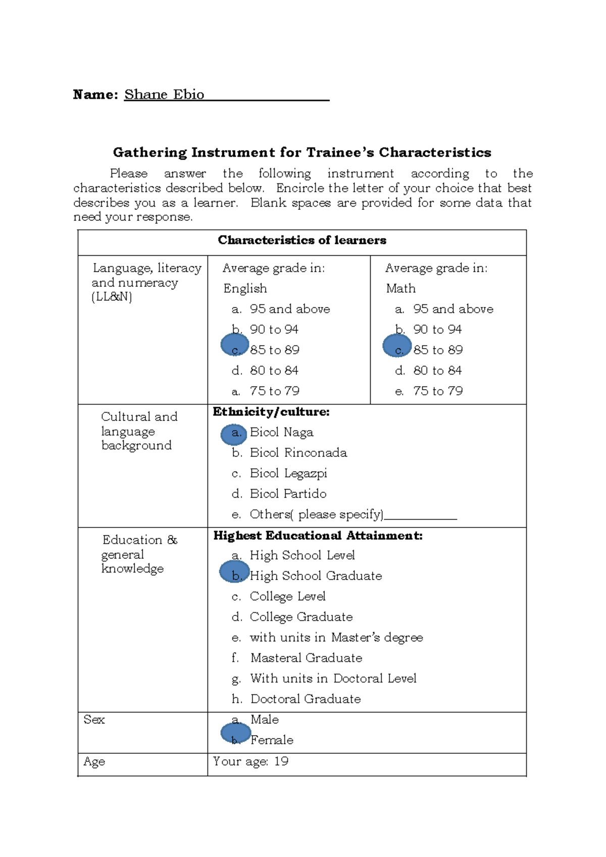 01 - Gathering Instrument for Trainee Characteristics Assessment - Studocu