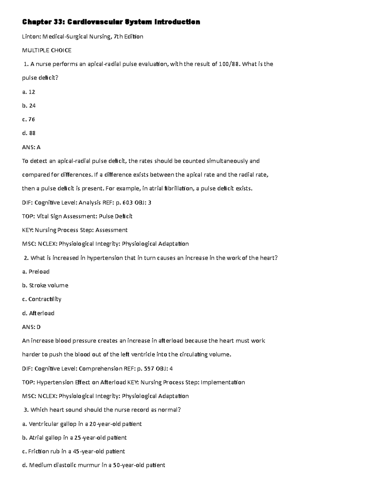 Chapter 33: Introduction to Cardiovascular System in Nursing - Studocu