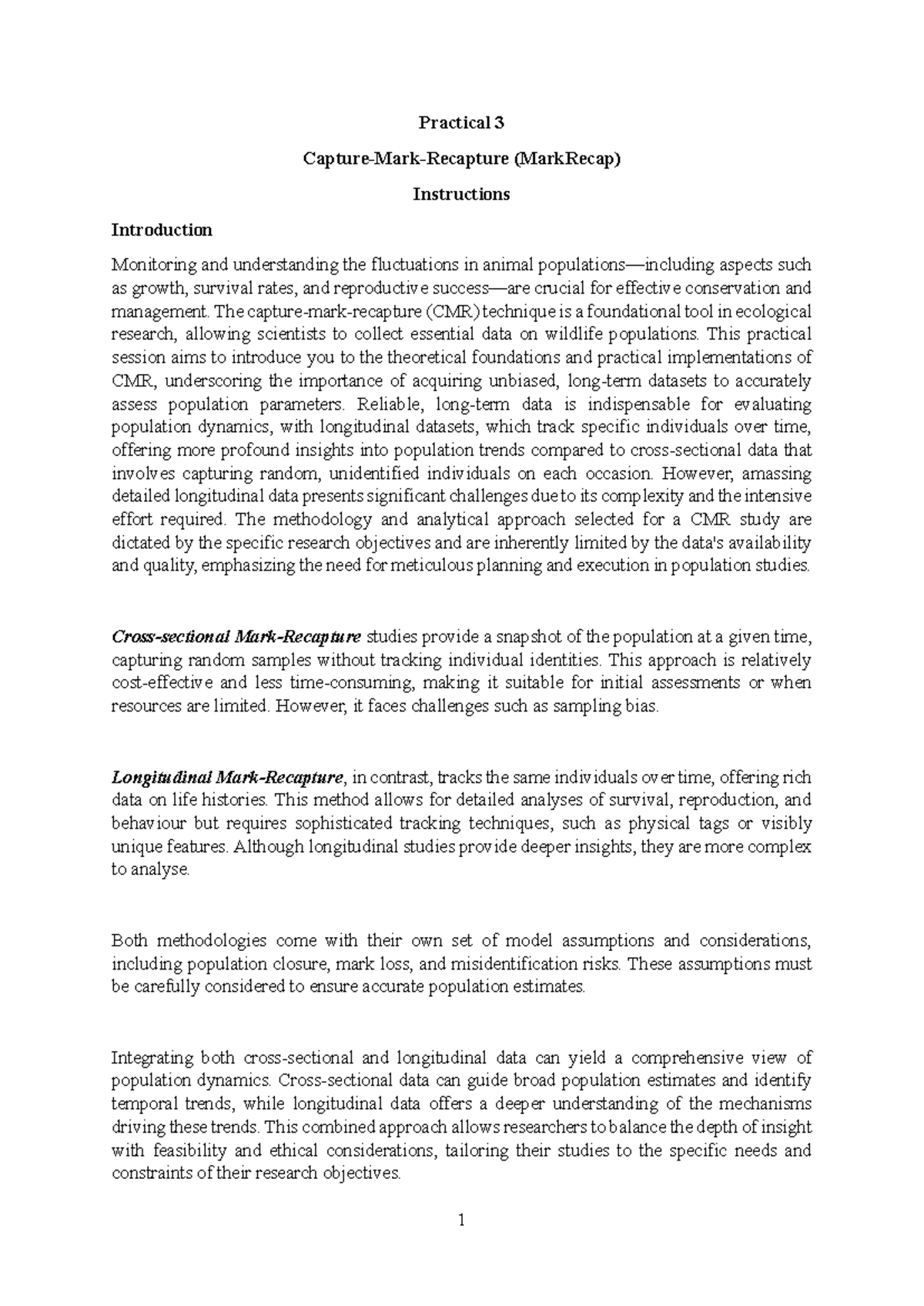 Practical 3 (CMR) Instructions: Understanding Animal Population ...