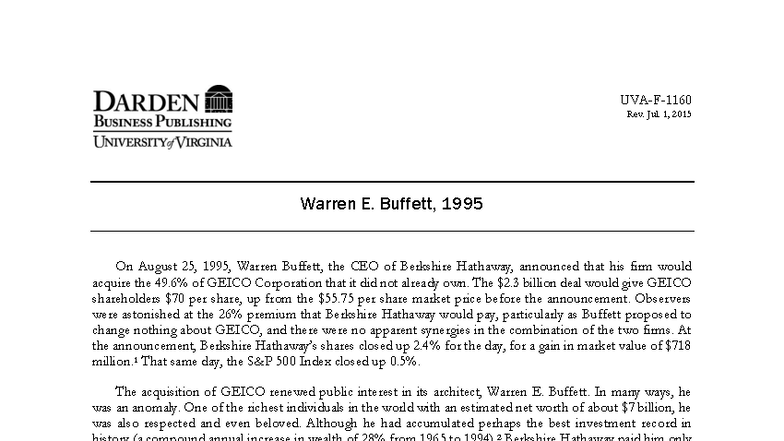 Warren E. Buffett's 1995 Acquisition of GEICO: A Case Study (MGMT 543 ...