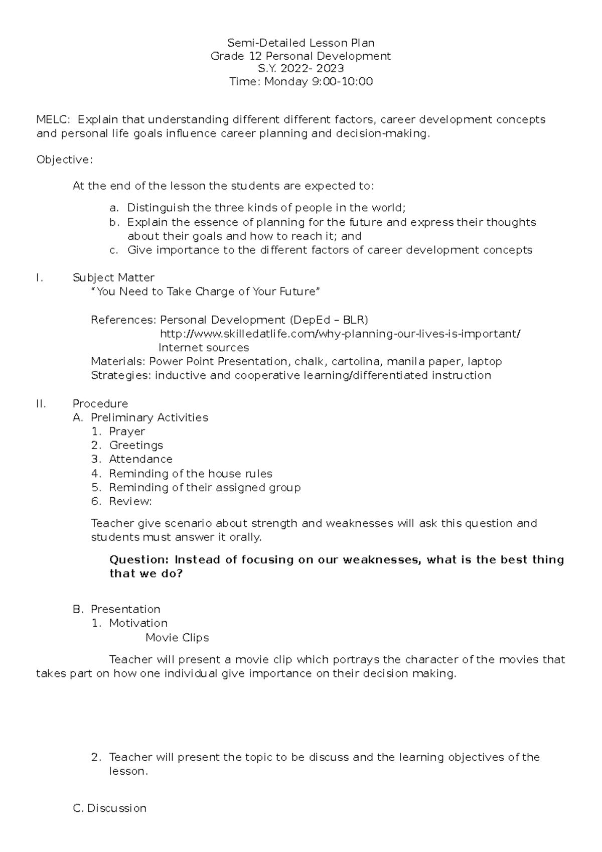 Grade 12 Personal Development 4th Quarter Lesson Plan Overview - Studocu