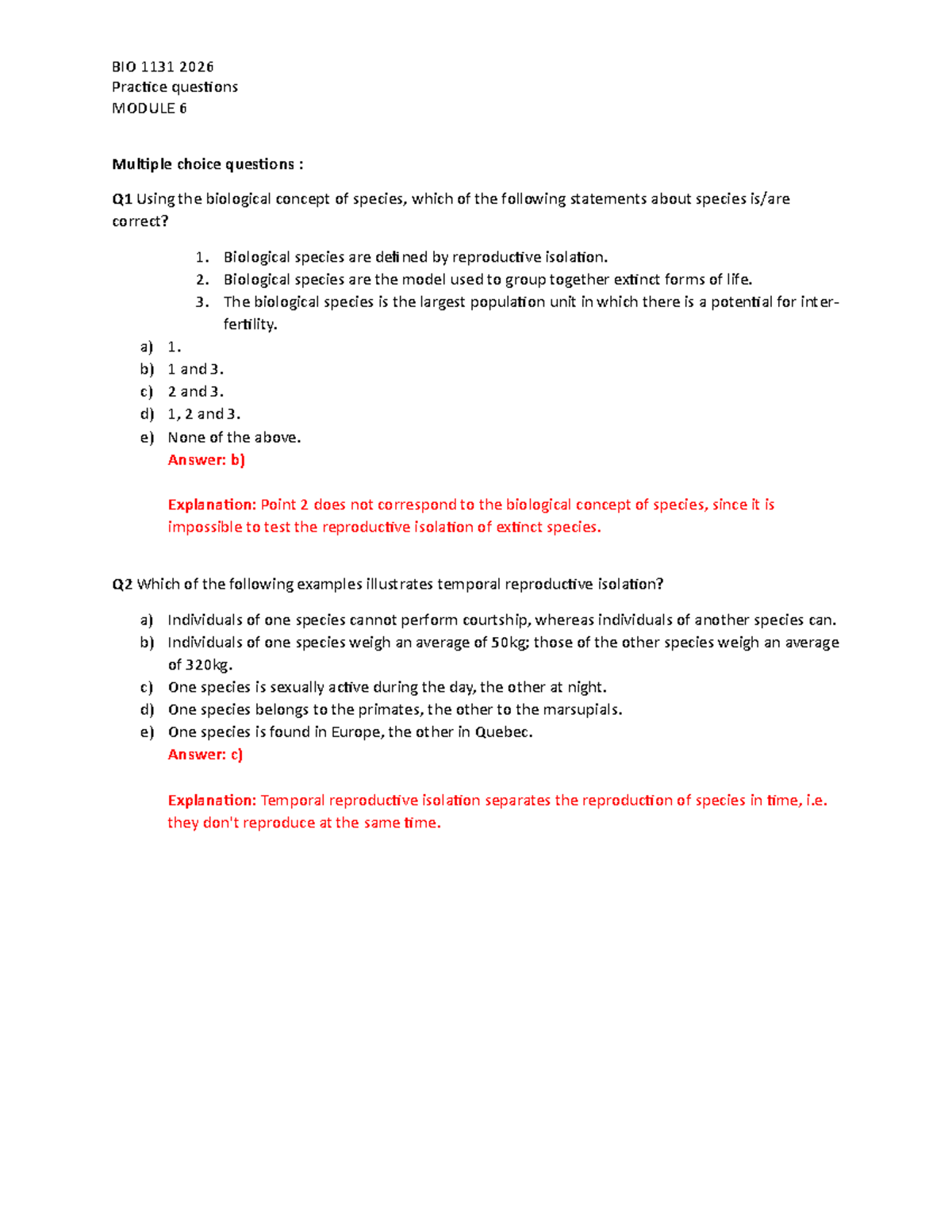 BIO 1131 2026 Module 6 Practice Questions & Answers - Studocu