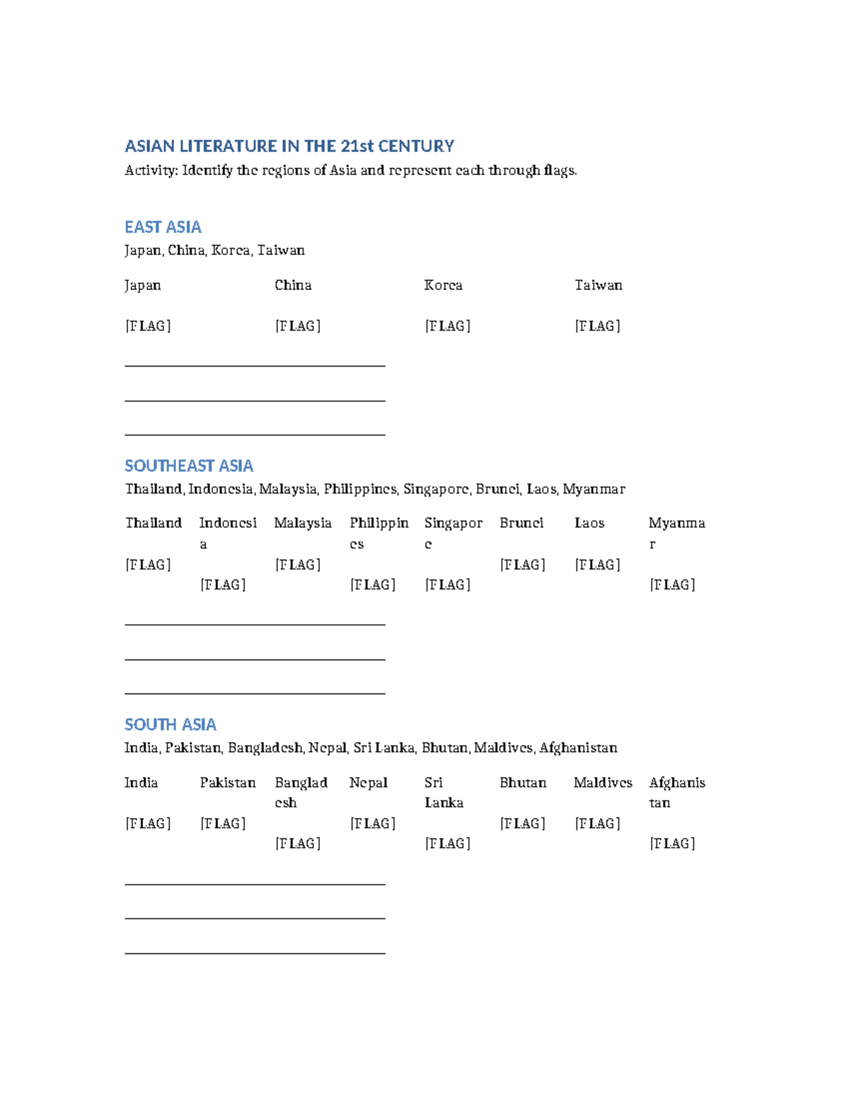 Asian Literature 1Page Flag Activity - ASIAN LITERATURE IN THE 21st ...