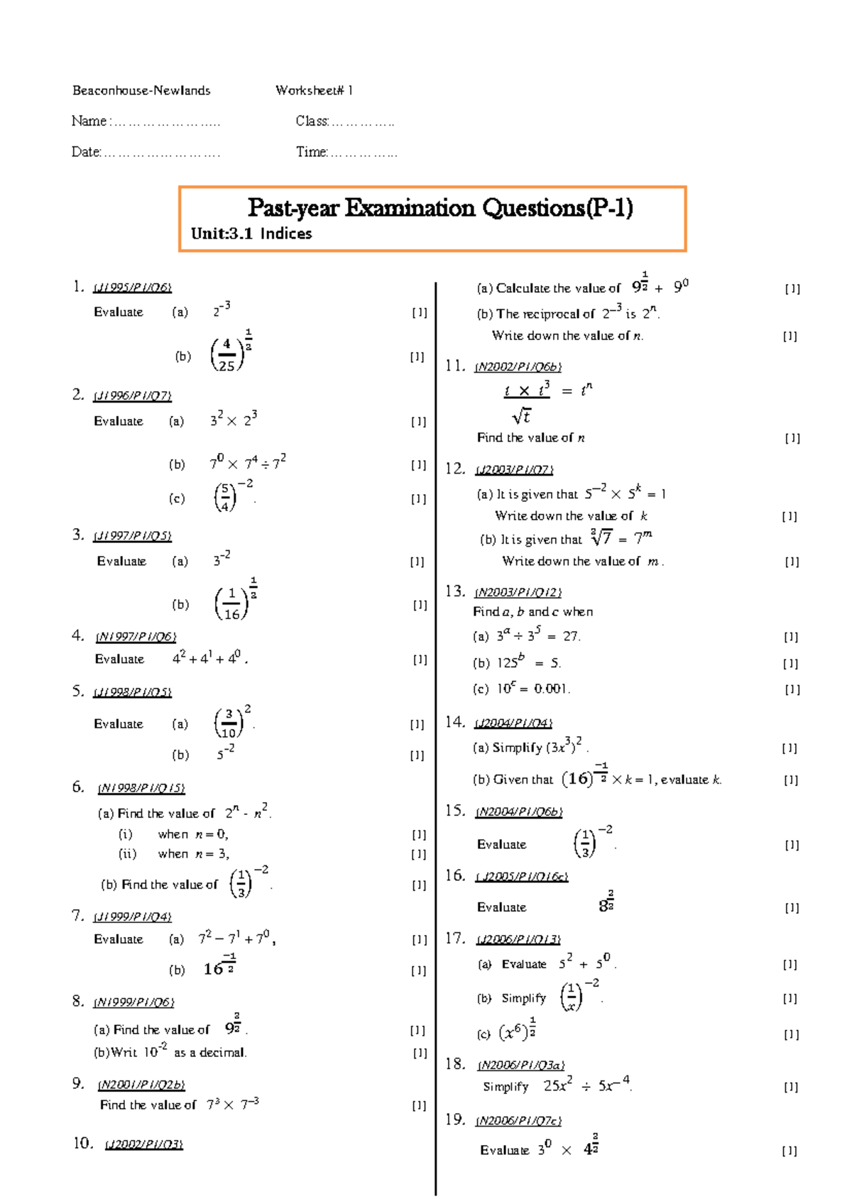 Worksheet #1: Indices Evaluations & Past Exam Questions - Studocu