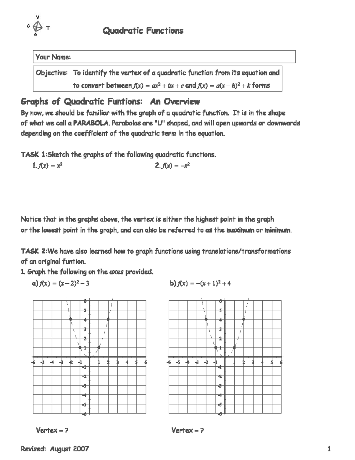 Understanding Quadratic Functions: Vertex & Completing the Square (MATH ...