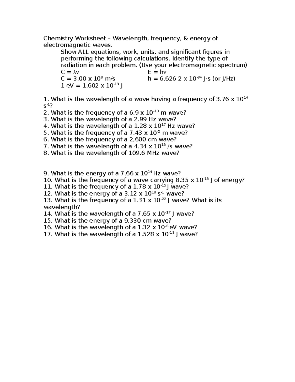 AP.Chemistry - Worksheet on Wavelength, Frequency & Energy of EM Waves ...