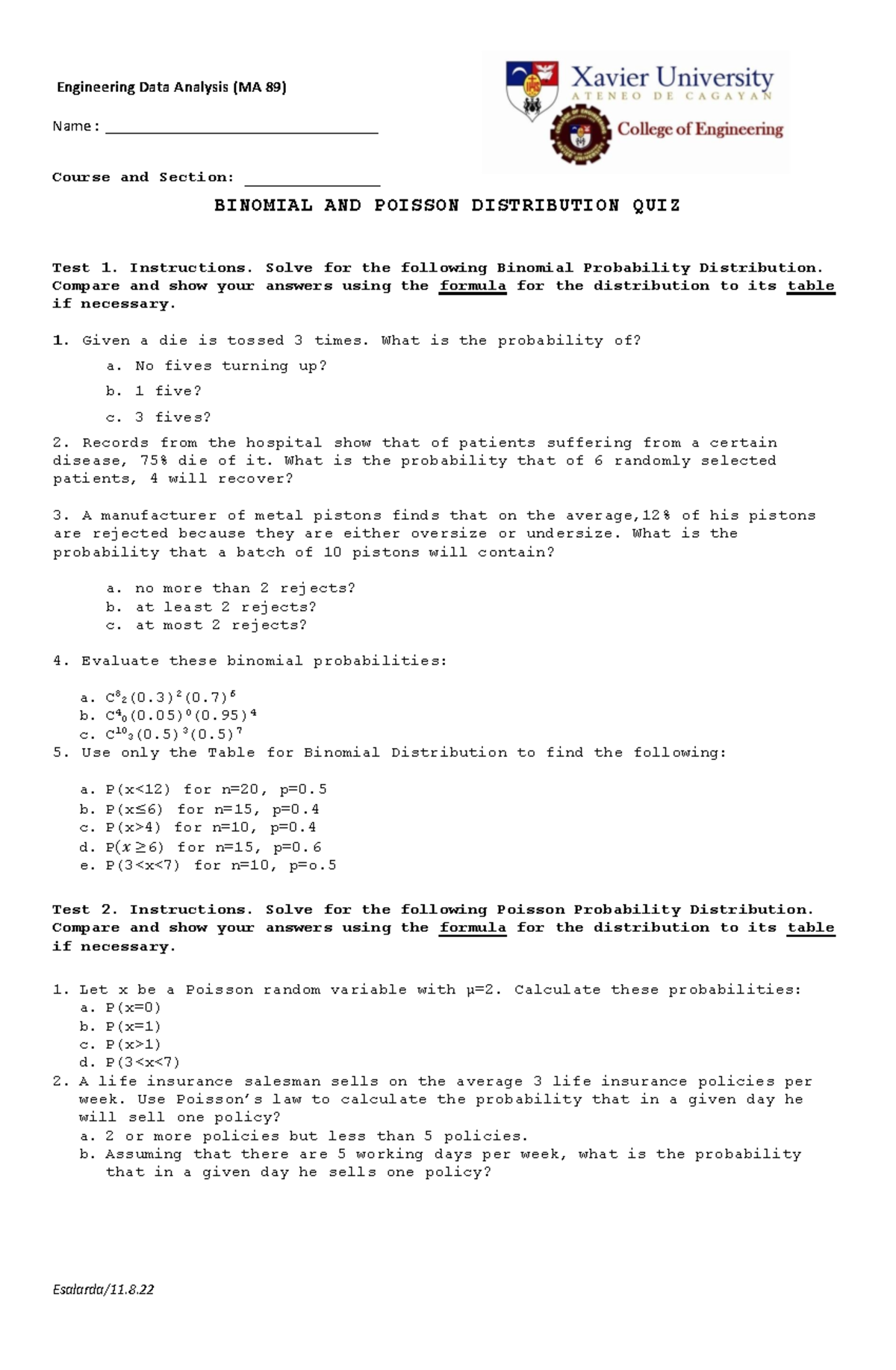 MA 89 Binomial and Poisson Distribution Quiz Guide - Studocu