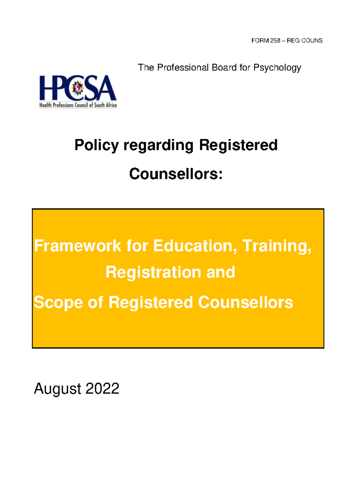 Form 258: Framework for Educ, Train & Reg of Registered Counsellors ...