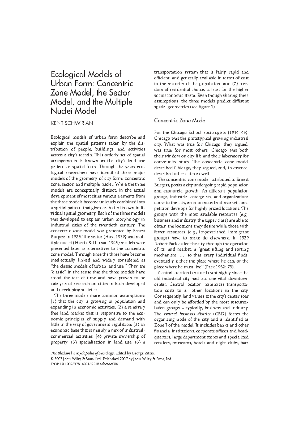 Urban Ecological Model Schwirian 2007 - Ecological Models of Urban Form ...