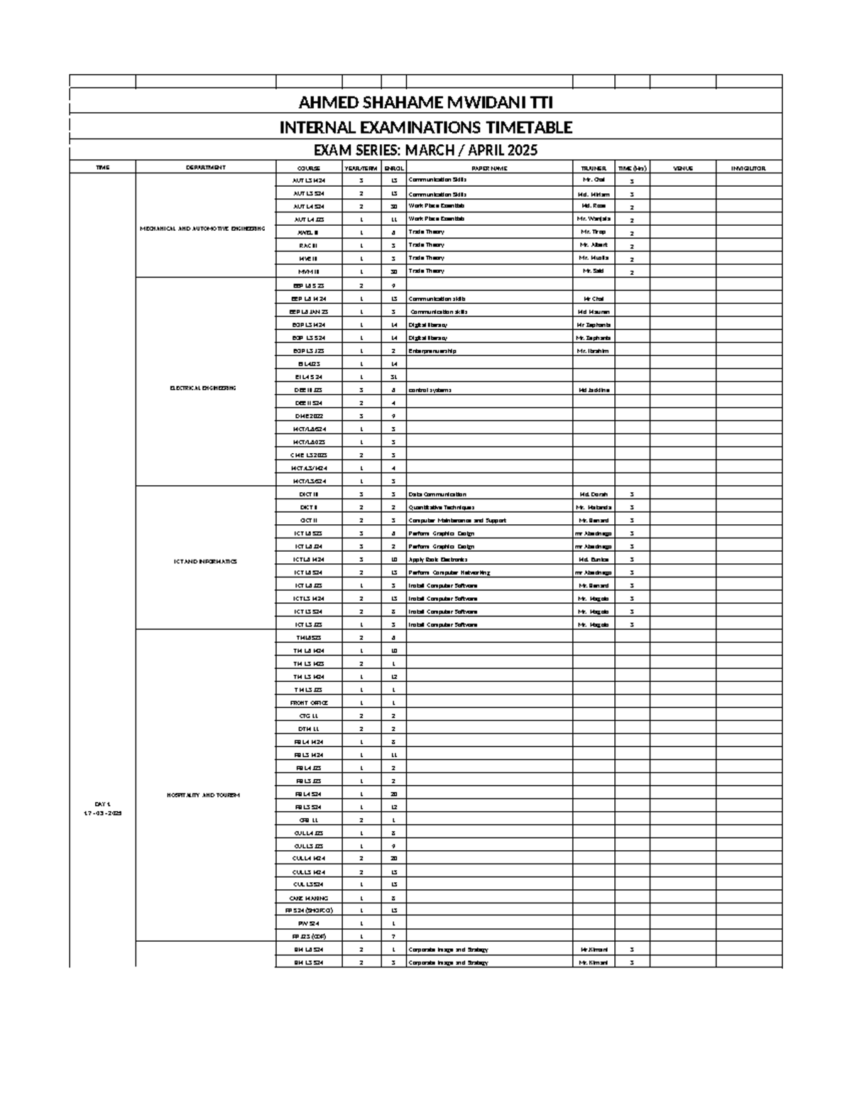 AHMED SHAHAME MWIDANI TTI INTERNAL EXAM TIMETABLE MARCH-APRIL 2025 - Studocu
