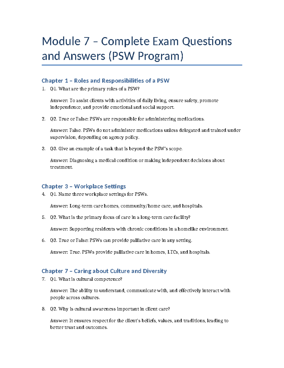 PSW Program Module 7 Complete Exam Q&A: Roles, Responsibilities & Care ...