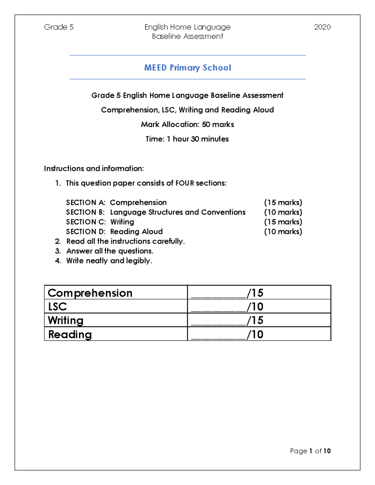 Grade 5 English Home Language Baseline Assessment 2020 - Studocu