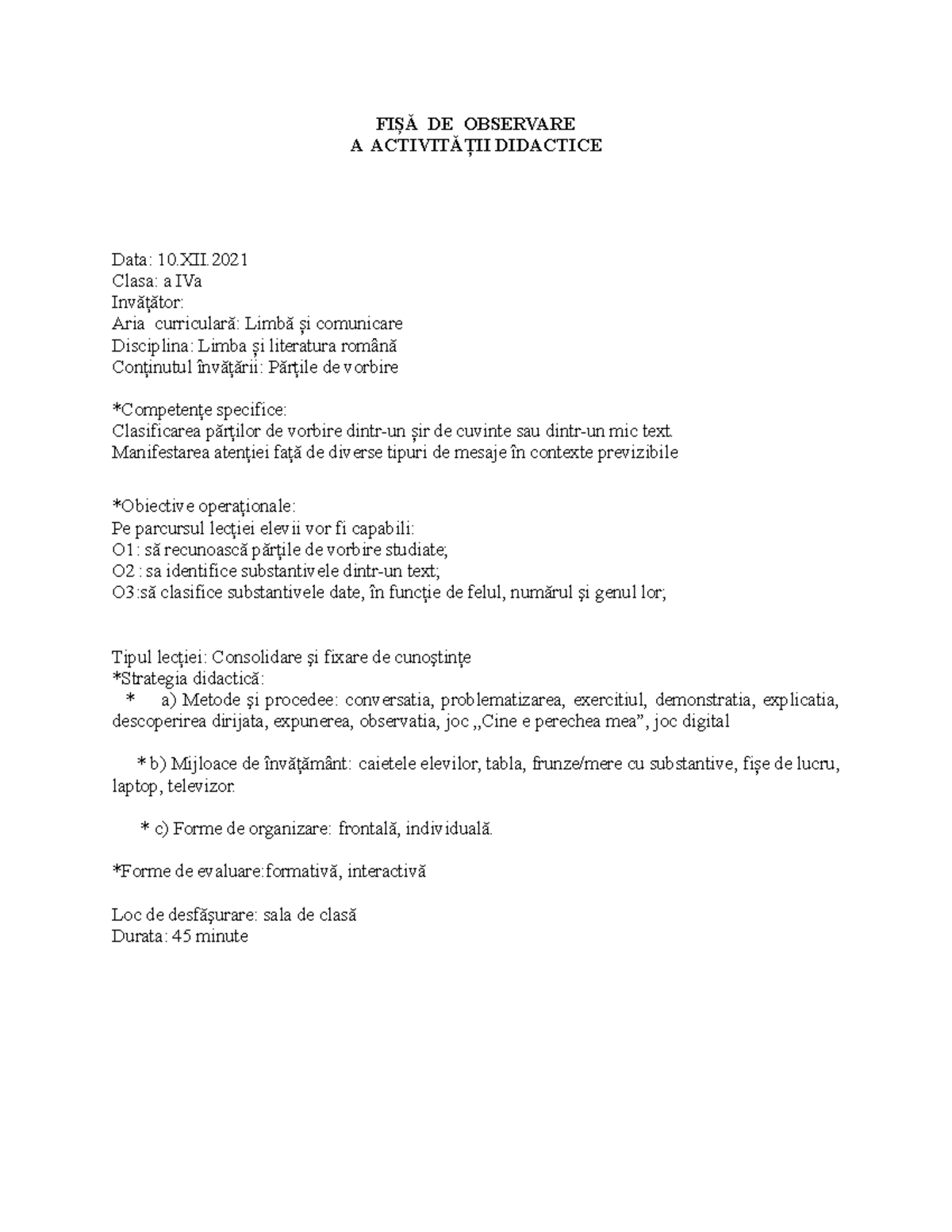 Fișa de Observare a Lecției - Practică Pedagogică (Clasa a IV-a) - Studocu