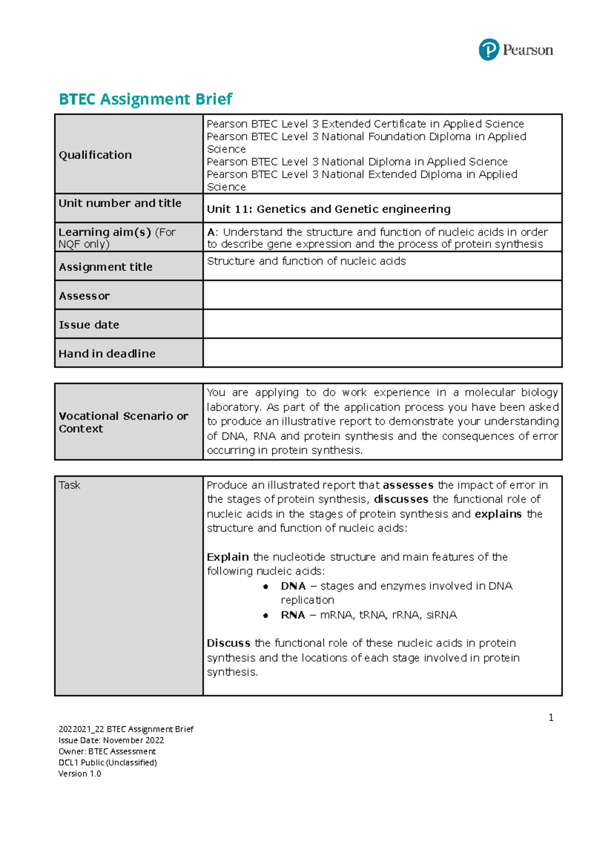 Unit 11: Genetics and Genetic Engineering Assignment Brief 2024-25 ...