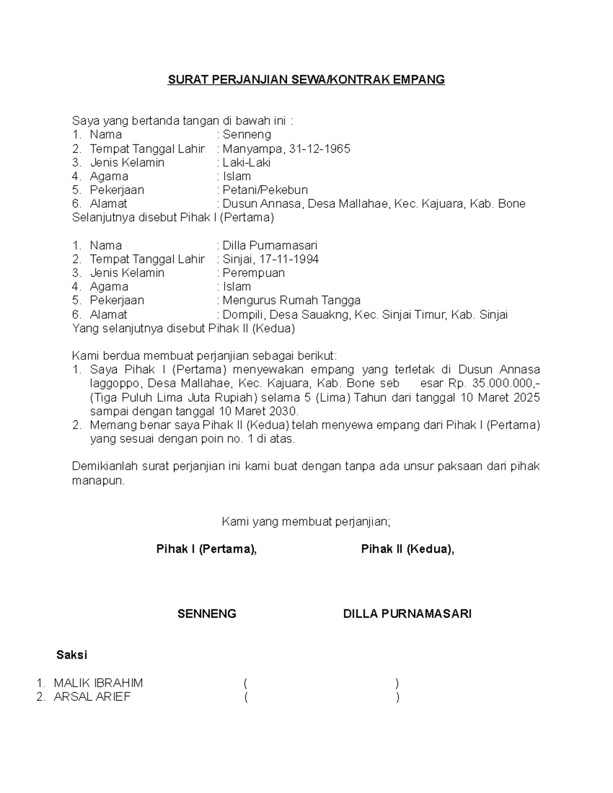 Surat Perjanjian Sewa Empang antara Senneng dan Dilla Purnamasari - Studocu