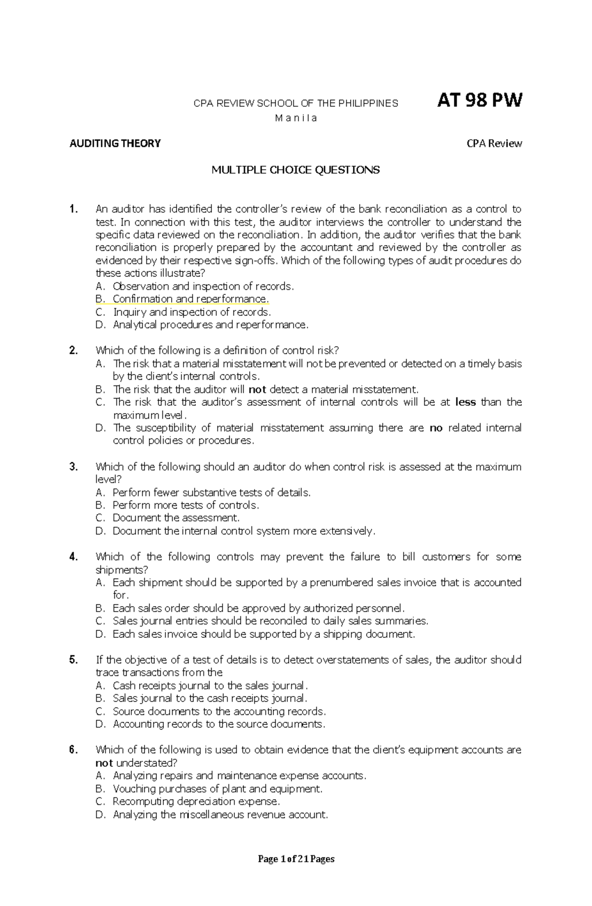 AT 98 PW - Auditing Theory Review: Multiple Choice Questions - Studocu