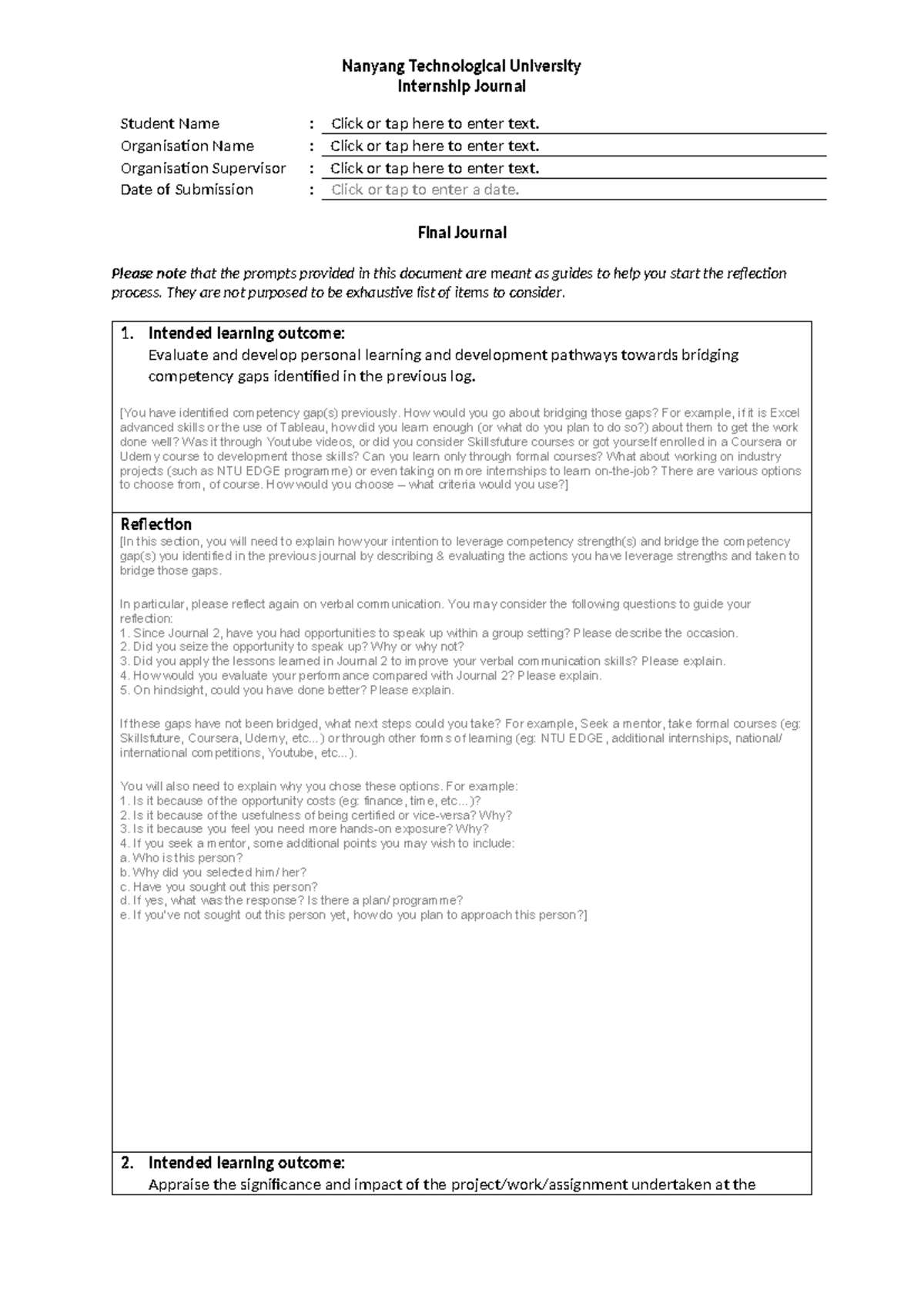 NTU Internship Journal: Reflecting on Learning & Career Pathways - Studocu