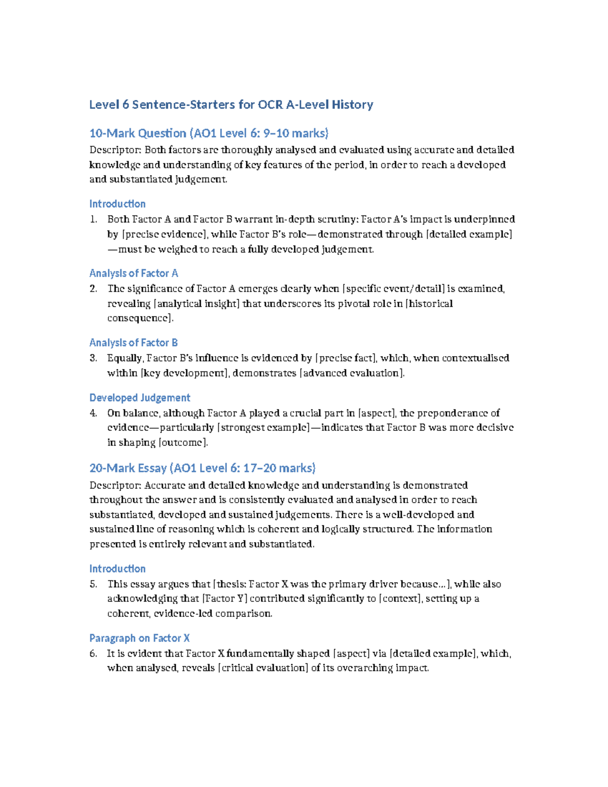 Level 6 Sentence Starters for OCR History Analysis and Evaluation - Studocu