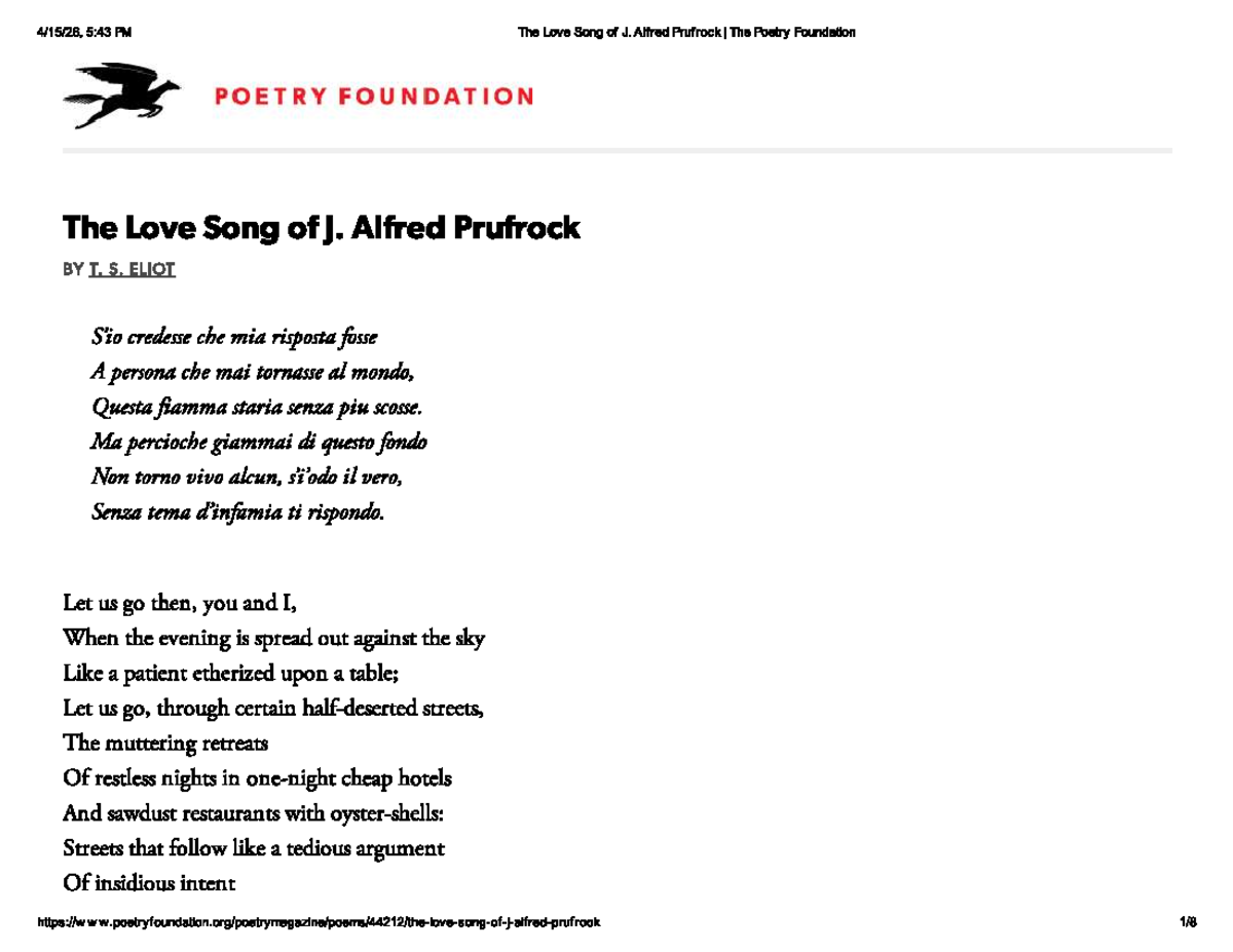 SOG 5:43 PM Analysis of "The Love Song of J. Alfred Prufrock" - Studocu