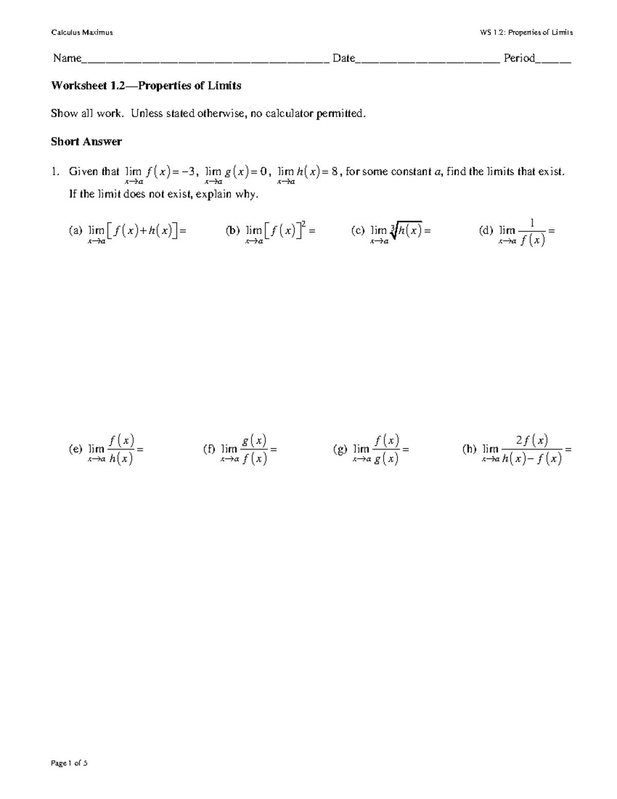 Calculus Maximus WS 01.2: Properties of Limits Worksheet - Studocu