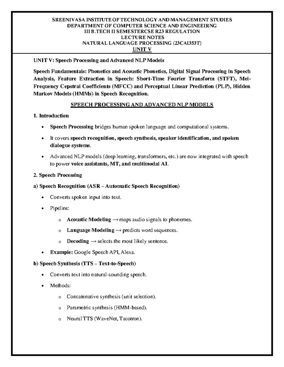 NLP (23CAI353T) UNIT V: Speech Processing & Advanced Models Lecture ...