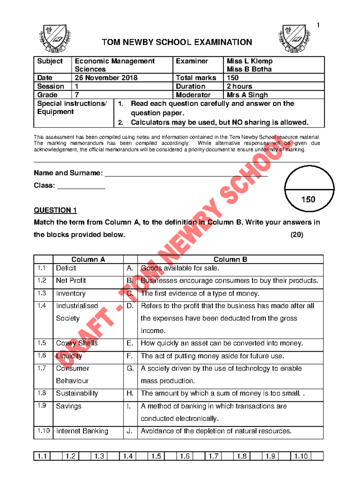 Grade 7 EMS Final Exam November 2018 - Tom Newby School - Studocu