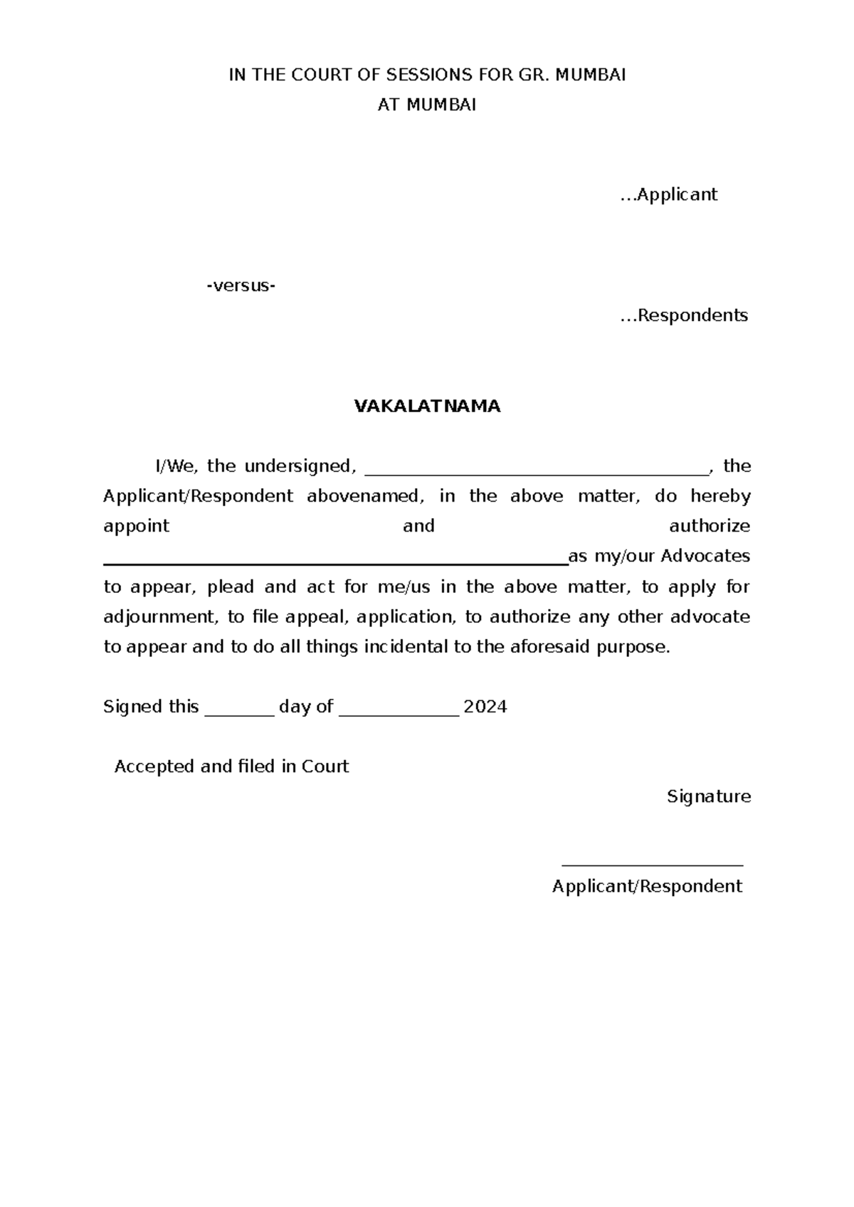 Sessions Vakalatnama - IN THE COURT OF SESSIONS FOR GR. MUMBAI AT ...