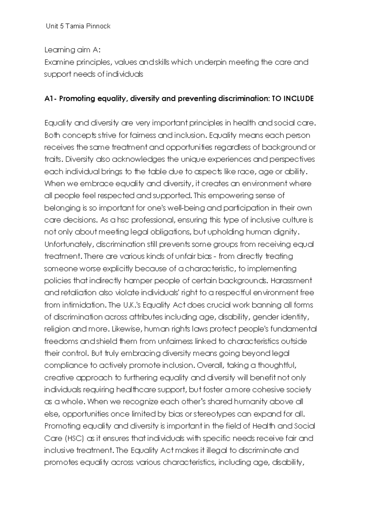 Unit 5 Draft - Principles of Equality & Diversity in HSC - Studocu