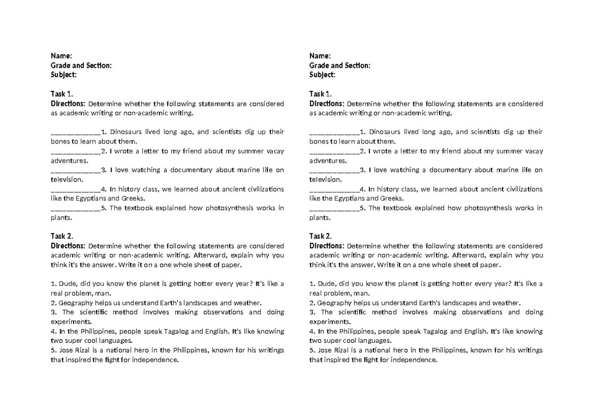 Activity Sheet D-1 - Name: Grade and Section: Subject: Task 1 ...