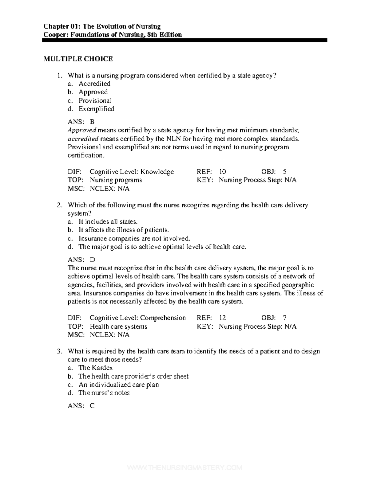 Chapter 01 Test Bank - Foundations of Nursing, 8th Edition - Studocu
