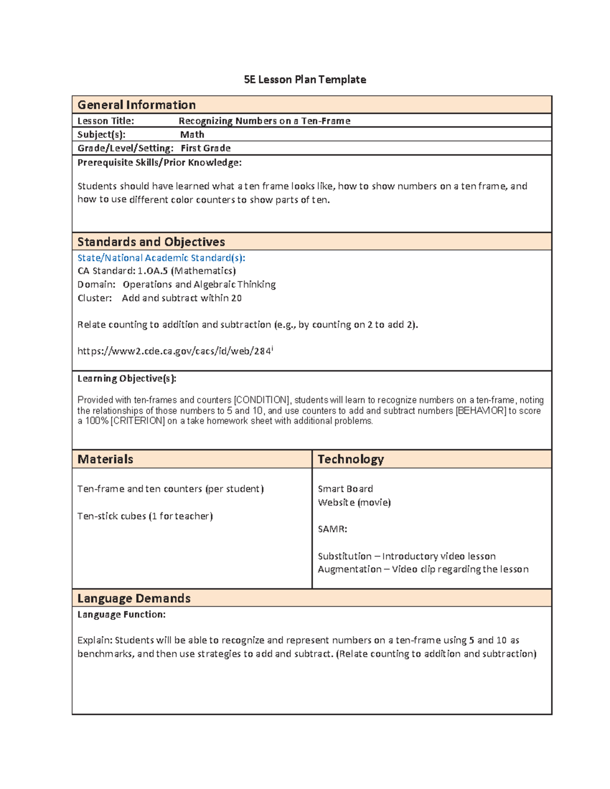 5E Lesson Plan: Recognizing Numbers in Math (1st Grade) - Studocu