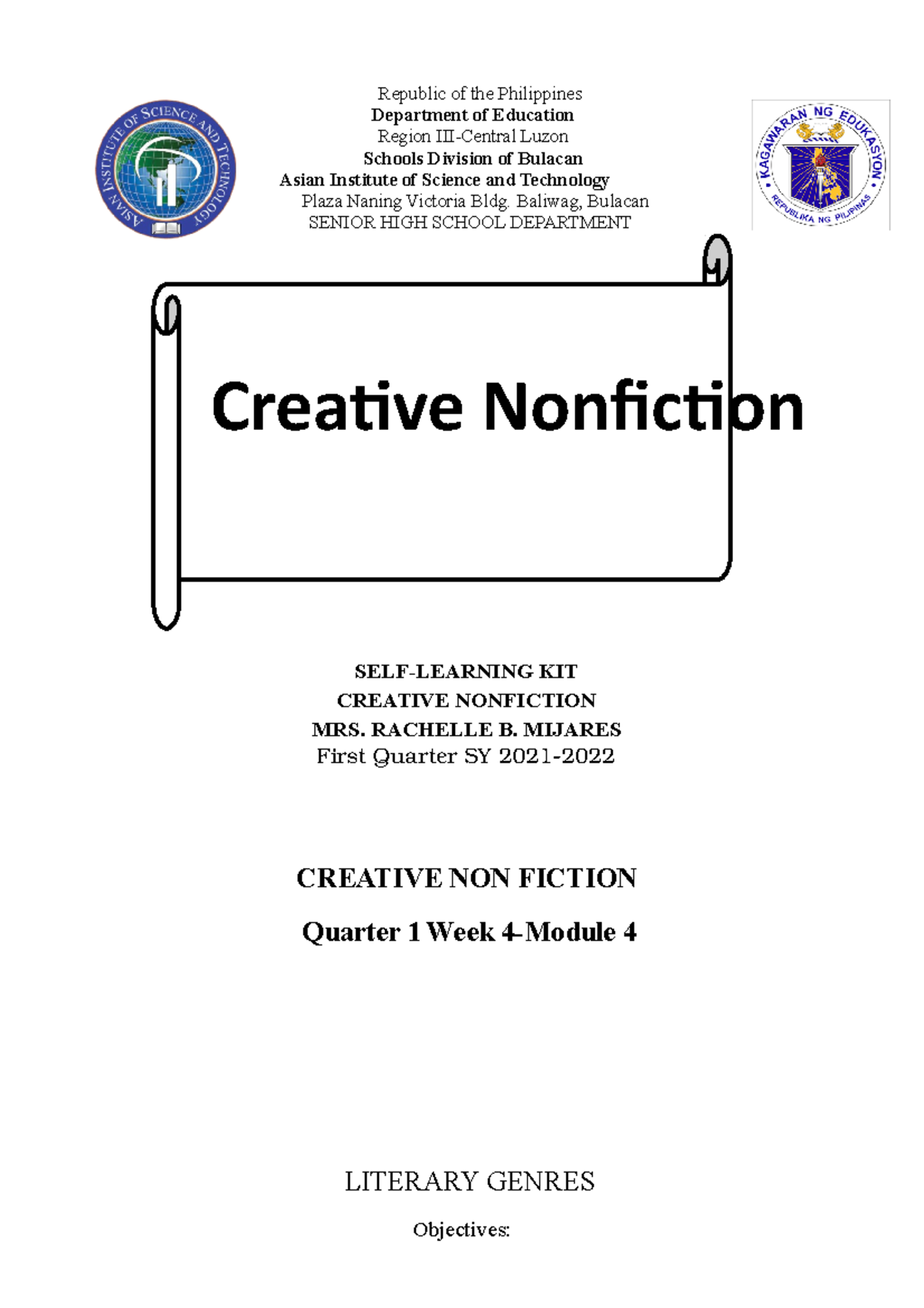 1st Quarter SY 2021 Creative Nonfiction Week 4 Module 4 Guide - Studocu