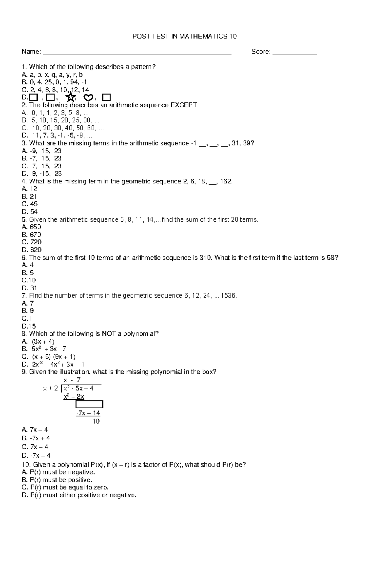 Post Test in Mathematics 10: Patterns, Sequences, and Probability - Studocu