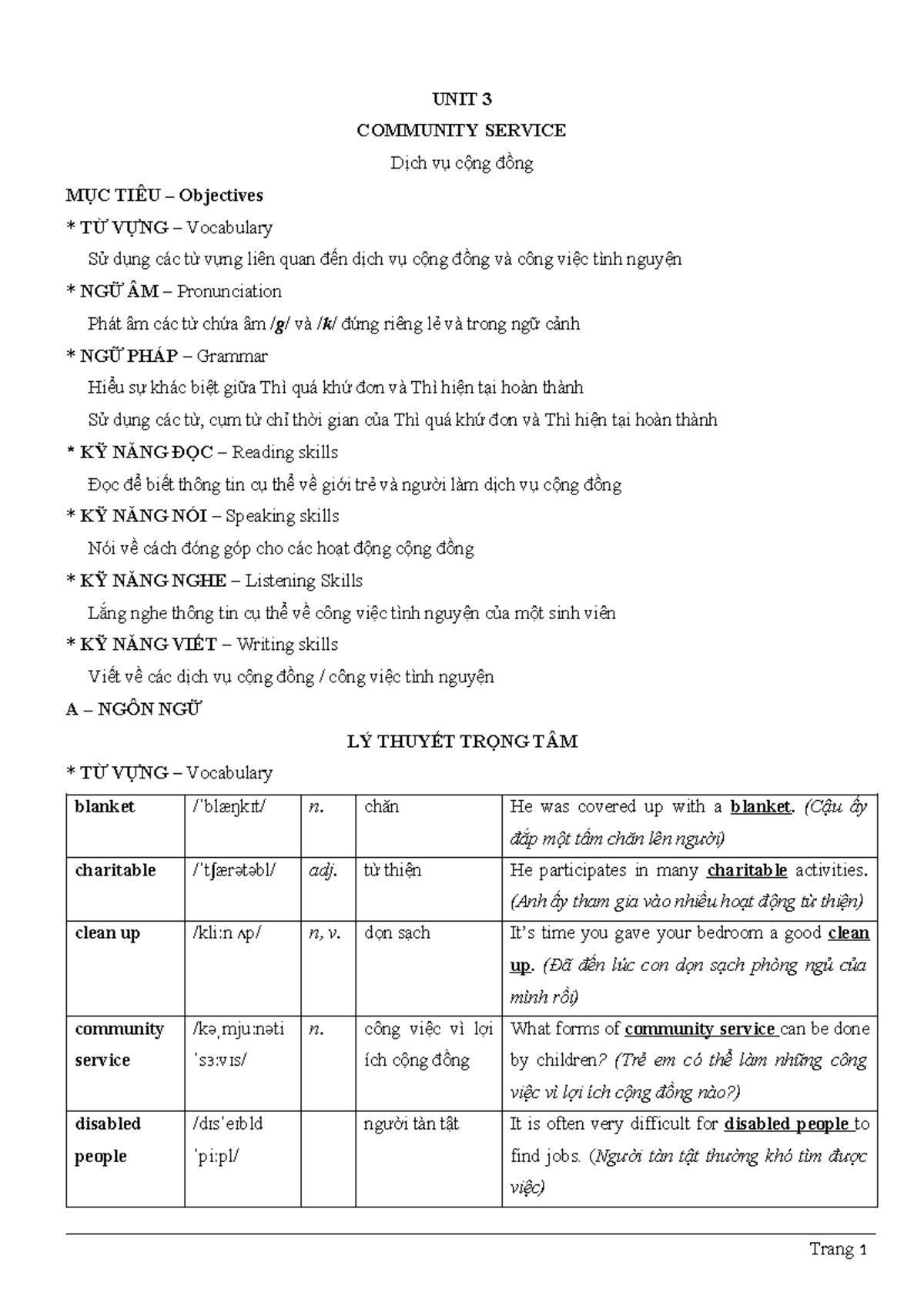 Unit 3: Community Service - Vocabulary, Grammar, and Skills Guide - Studocu