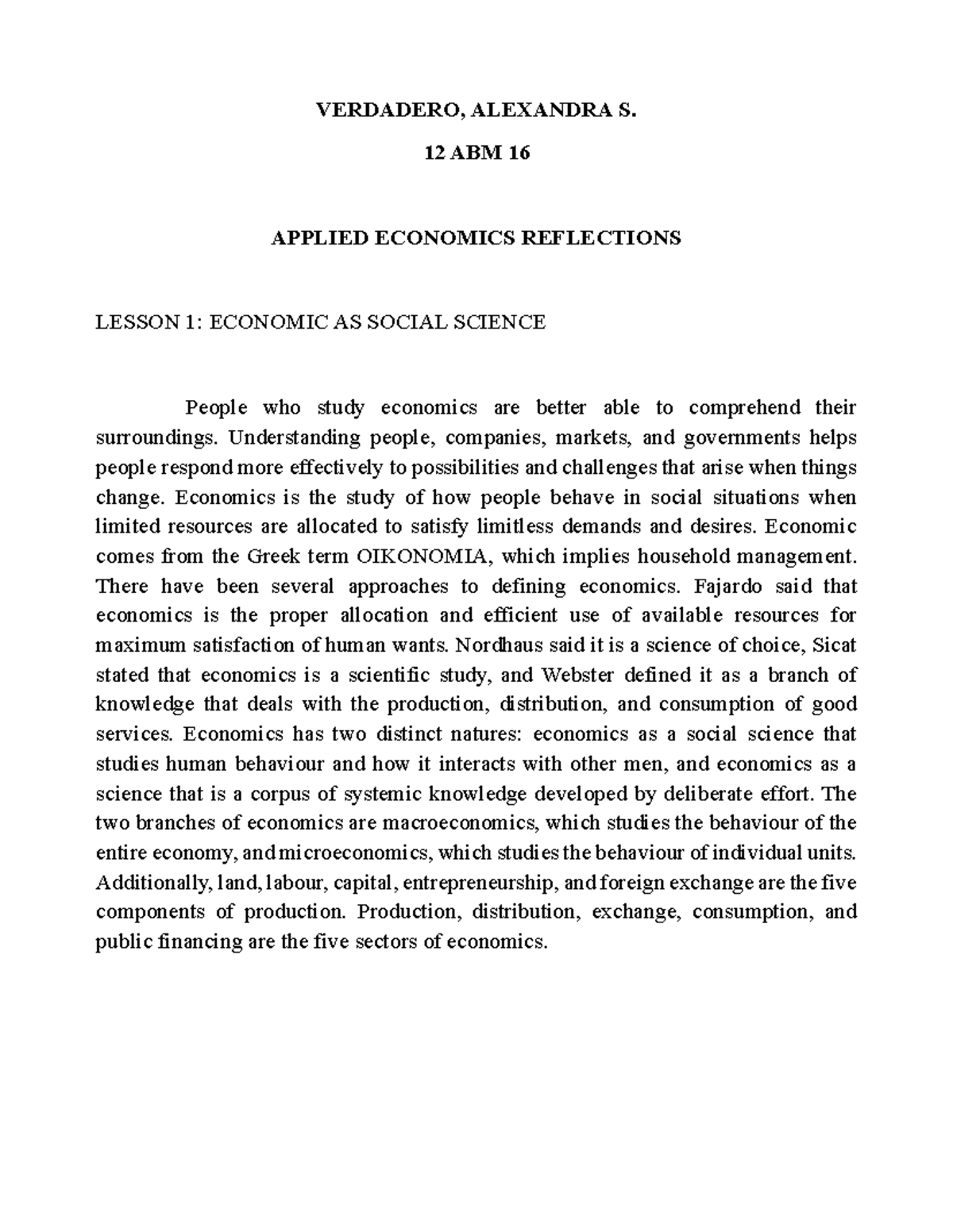 Applied Economics Reflection - VERDADERO, ALEXANDRA S. 12 ABM 16 ...