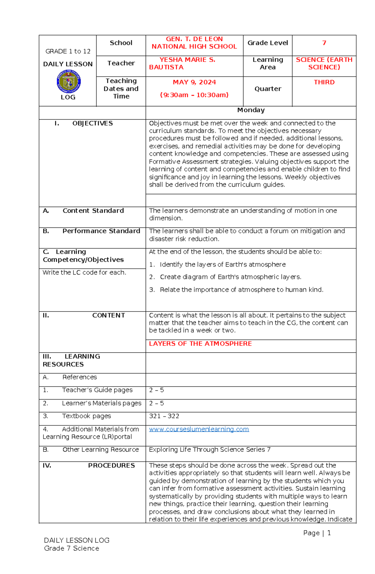 7Es Detailed Lesson Plan on Earth's Atmosphere for Grade 7 - Studocu