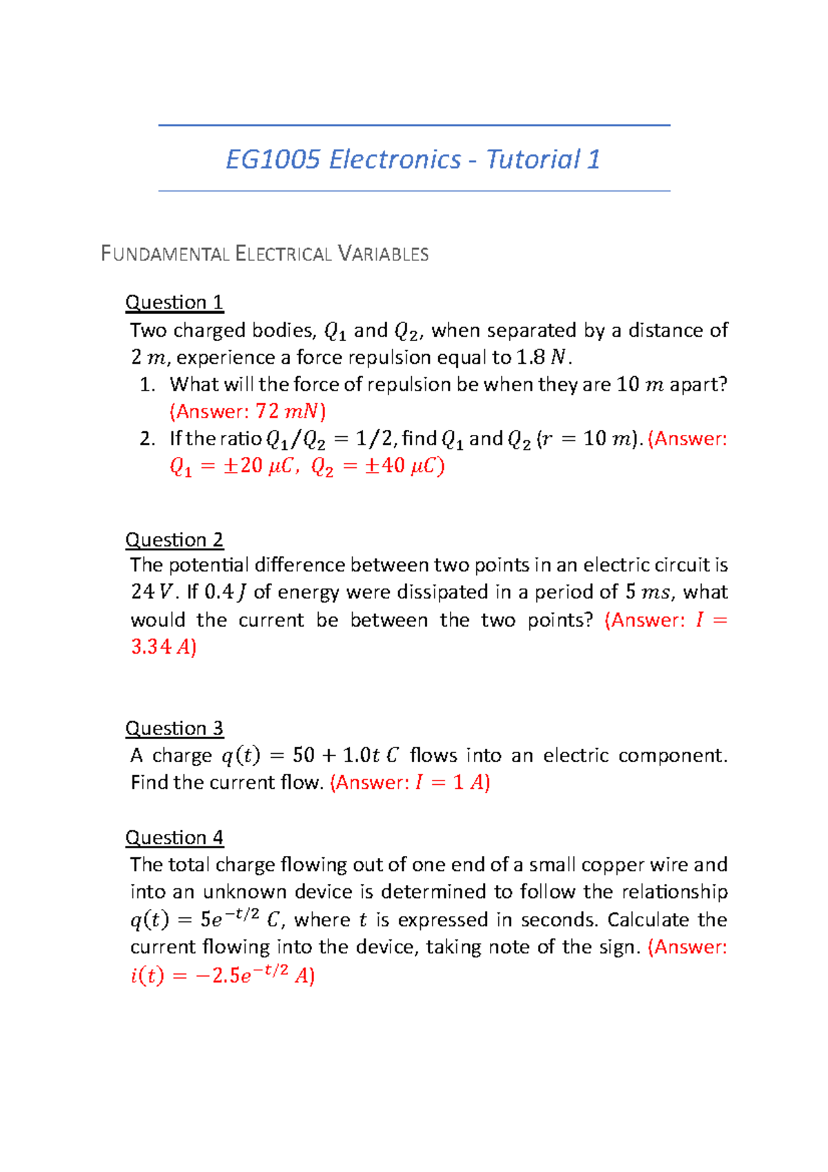EG1005 Electronics Tutorial 1: Fundamental Electrical Variables - Studocu
