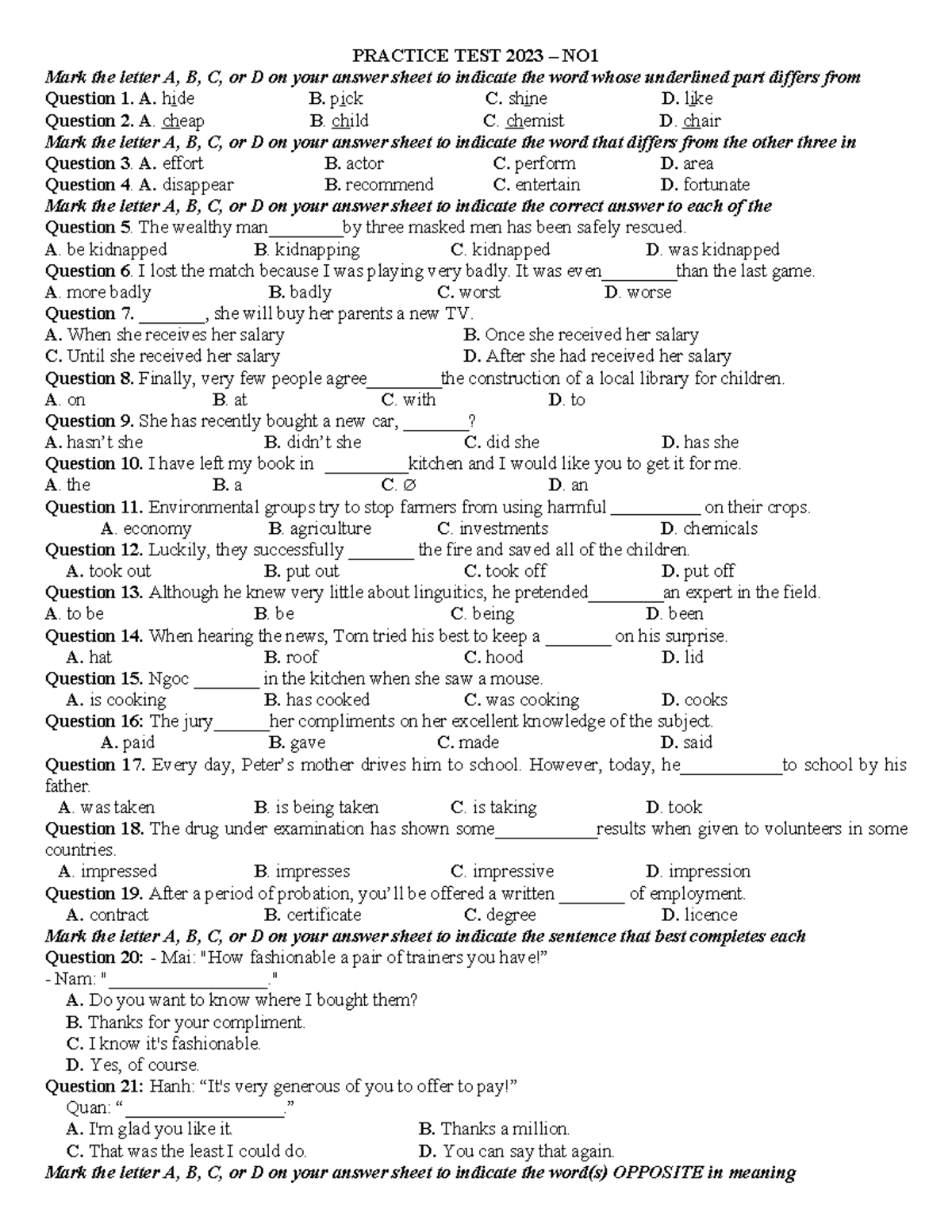 ĐỀ CHUẨN MINH HỌA SỐ 01 - jzjx - PRACTICE TEST 2023 – NO Mark the ...