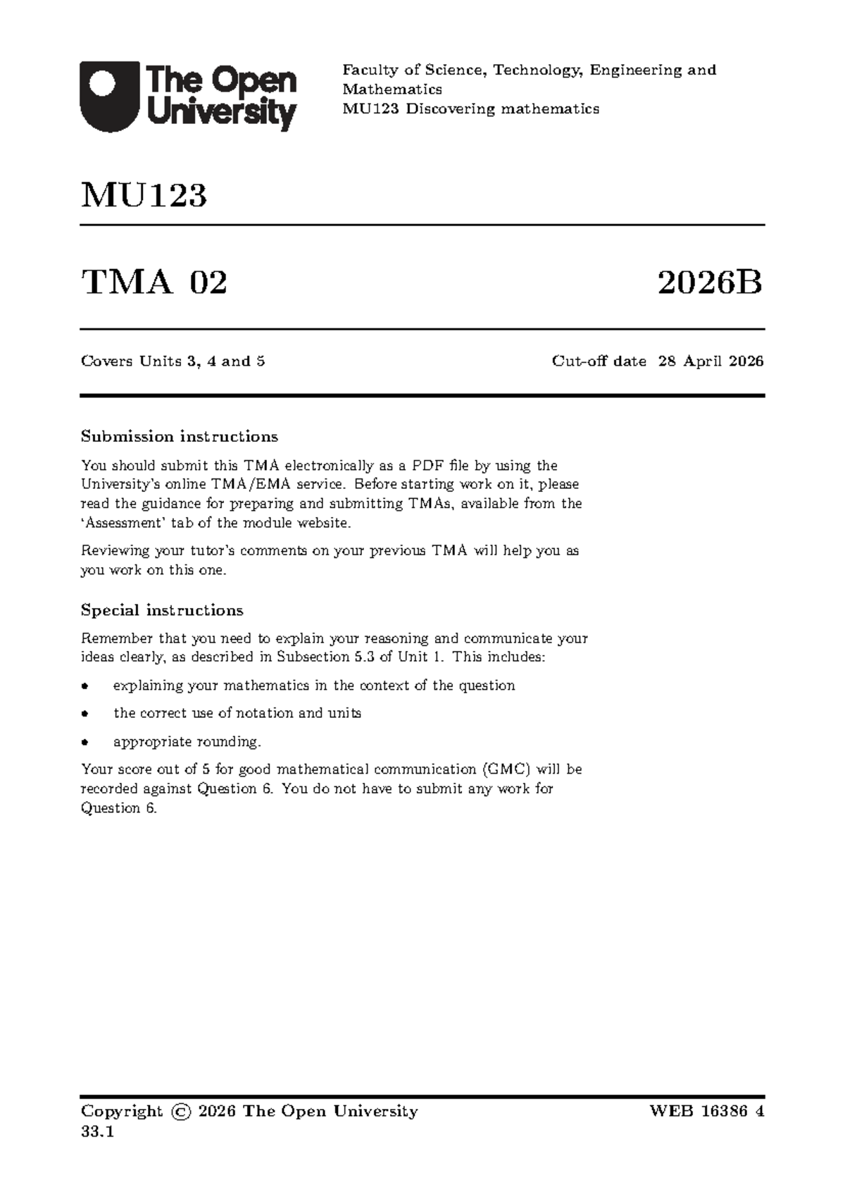 MU123 TMA 02: Discovering Mathematics - Units 3, 4 & 5 Analysis - Studocu