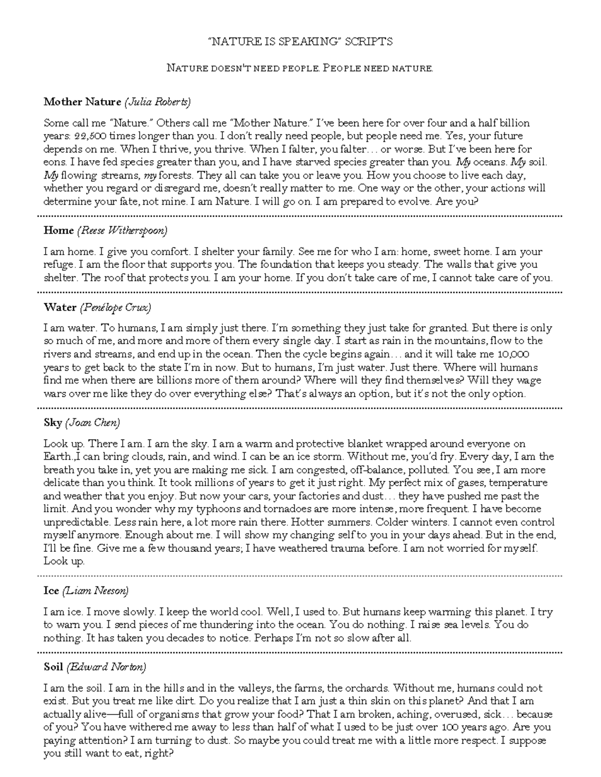 Nature is Speaking: Scripts for Environmental Awareness - Studocu