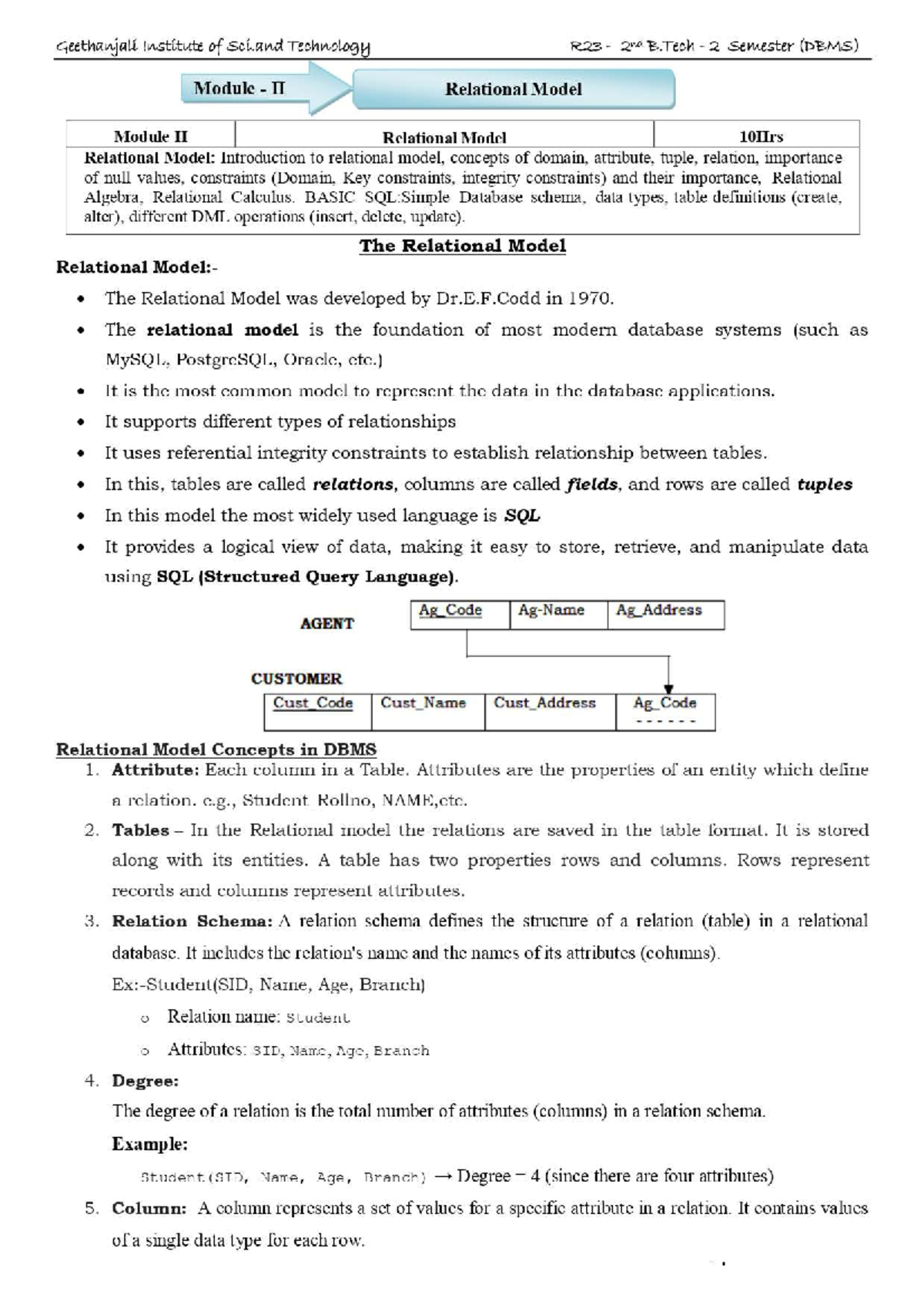 R23 2nd B.Tech 2 Semester (DBMS) Module II: Relational Model Overview ...