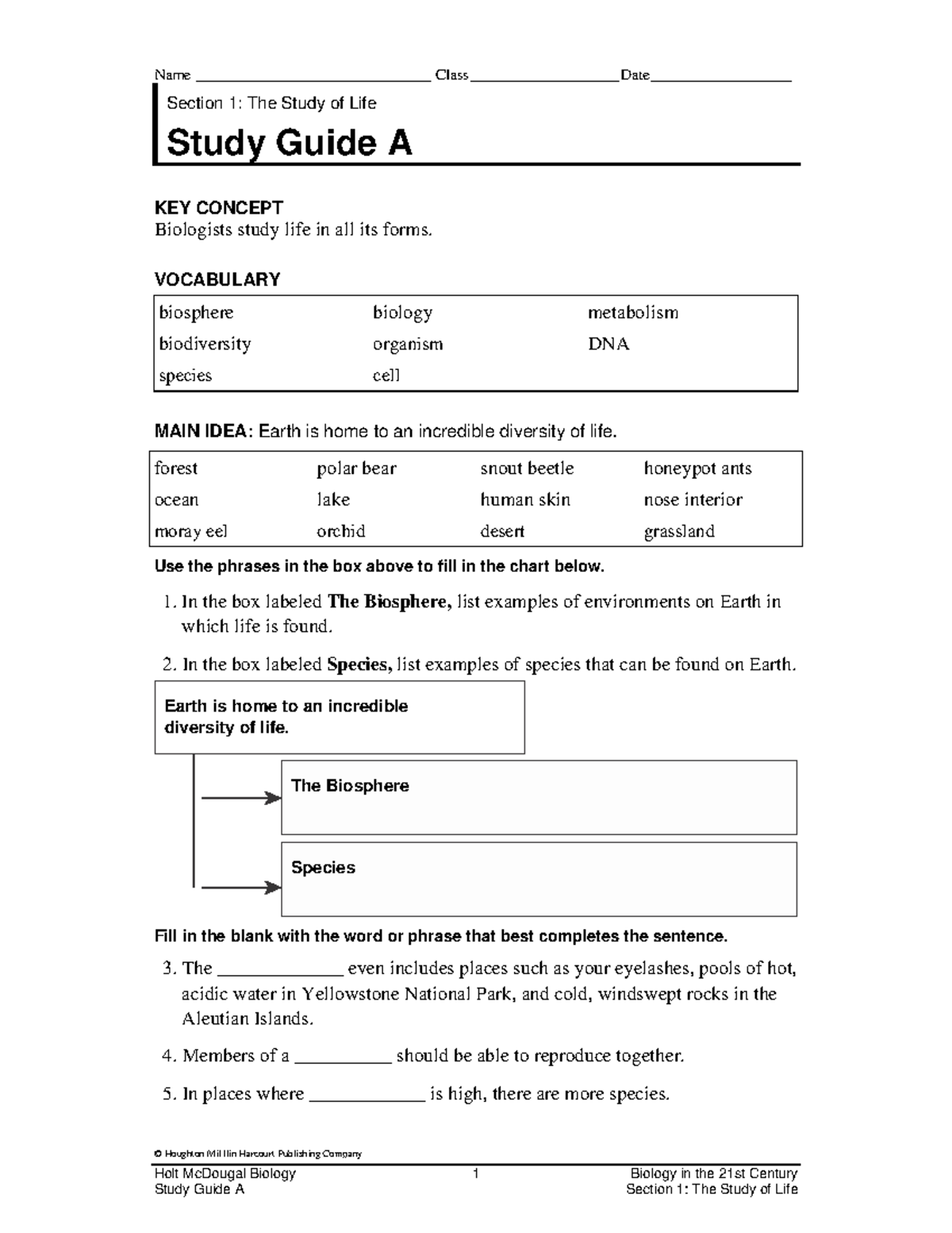 Holt McDougal Biology Study Guide: Chapter 1 - The Study of Life - Studocu
