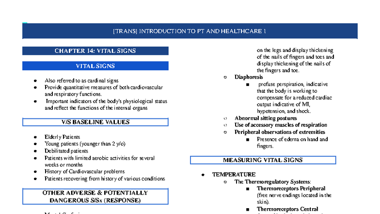 Physical Therapy 1 Final Exam: Vital Signs Overview - Studocu