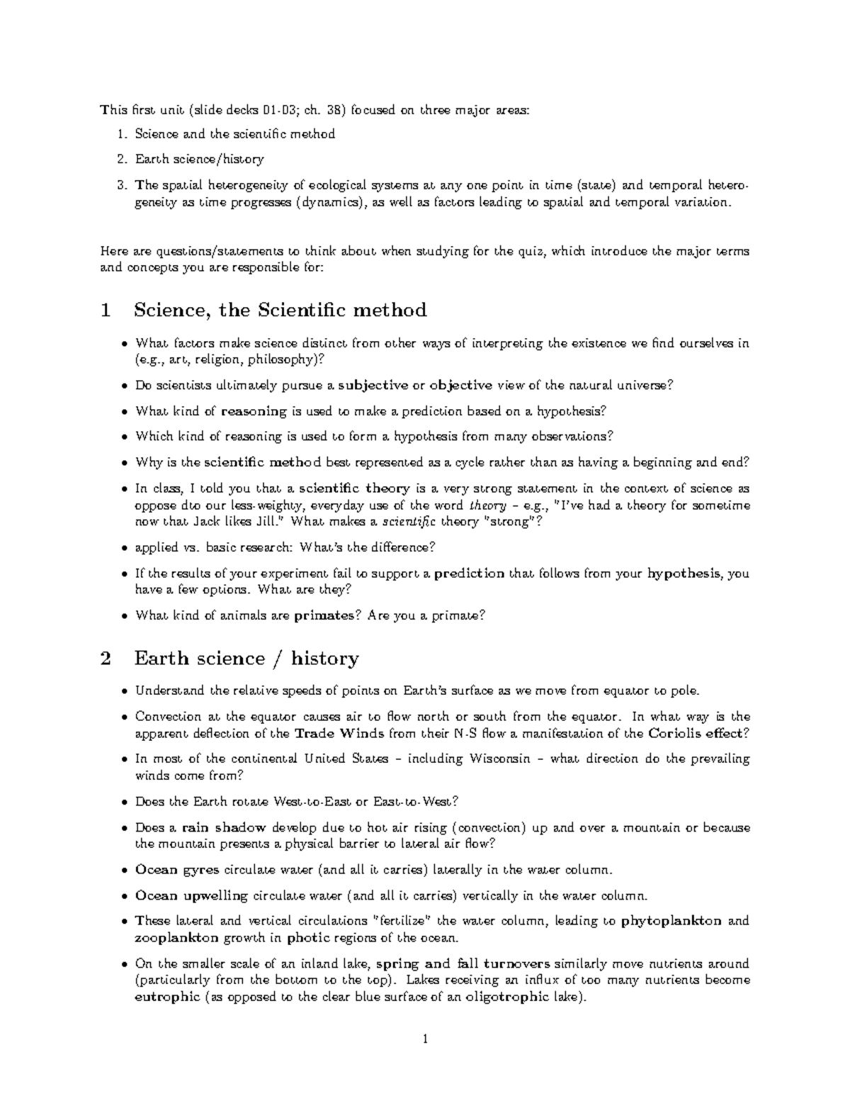 Quiz Study Guide: Science Methods, Earth Science, & Ecology (BIO101 ...