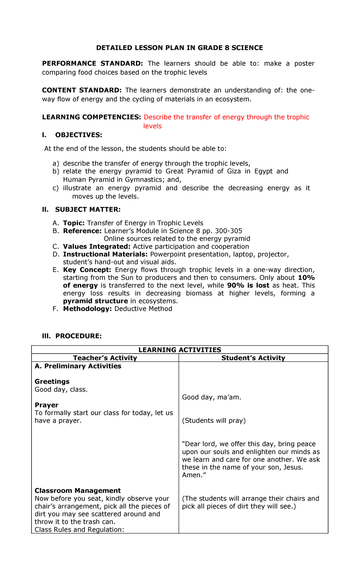 Grade 8 Science Lesson Plan: Energy Transfer in Trophic Levels - Studocu