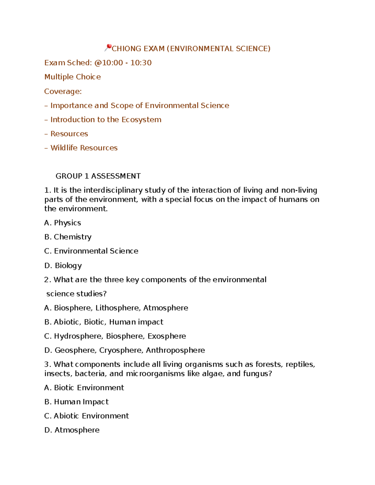 ENVIRONMENTAL SCIENCE (ENV 101) Final Exam Reviewer & Assessment Guide ...